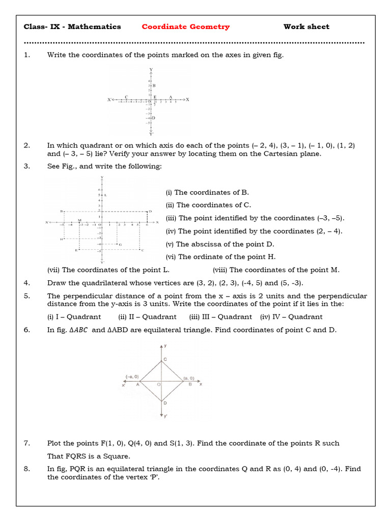 9th - Coordinate Geometry WS | PDF | Cartesian Coordinate System ...