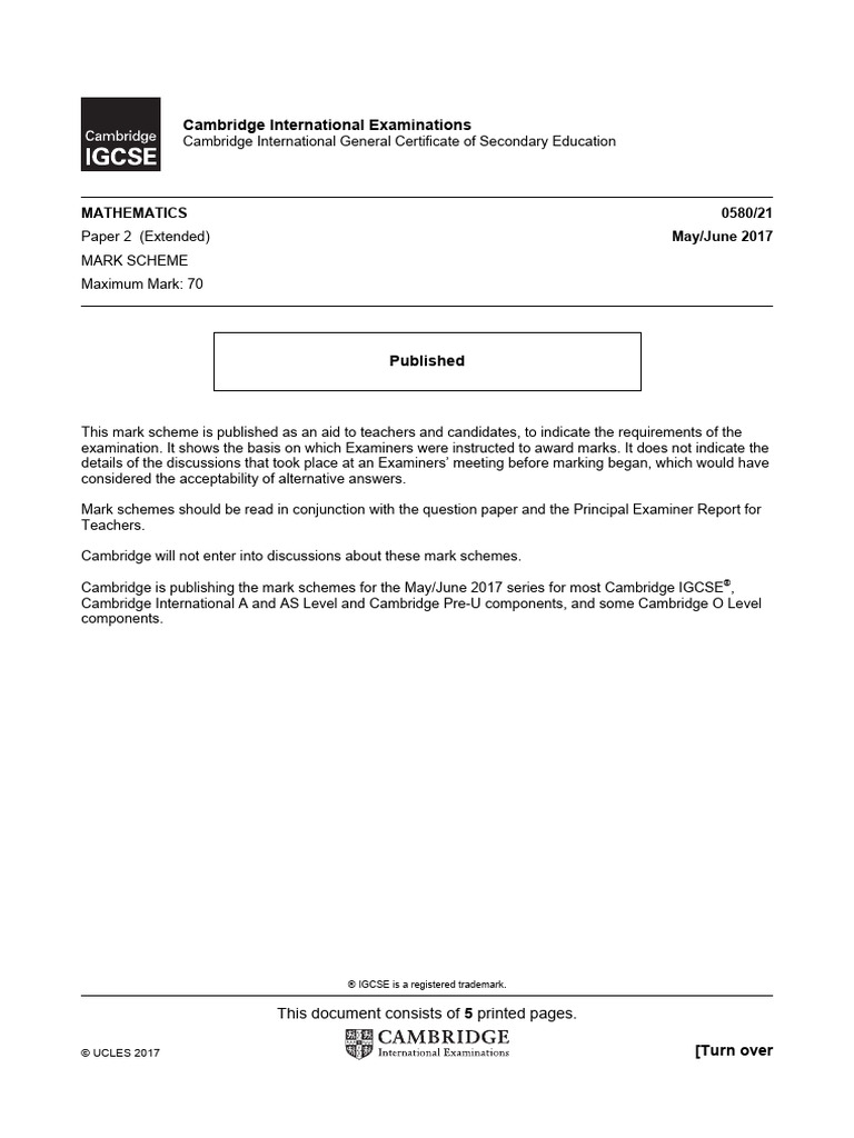 IGCSE Mathematics Mark Scheme 2017 | PDF | Educational Assessment And ...