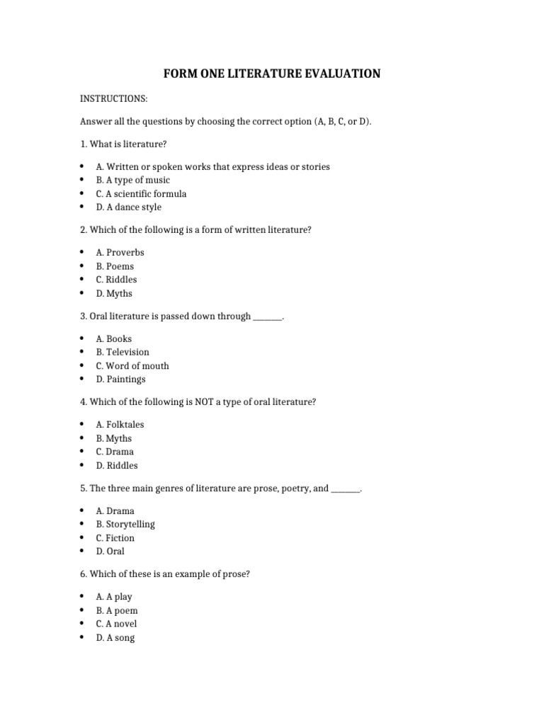 Literature Evaluation Quiz Instructions | PDF | Oral Tradition | Prose
