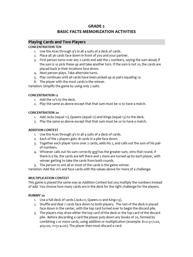 Grade 2 Card Math Games Guide | PDF | Ephemera | Games Of Mental Skill