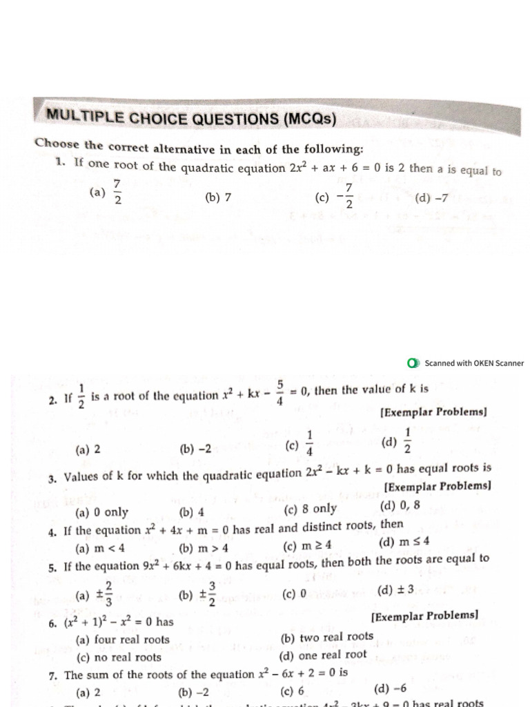 Quadratic Equations MCQs | PDF