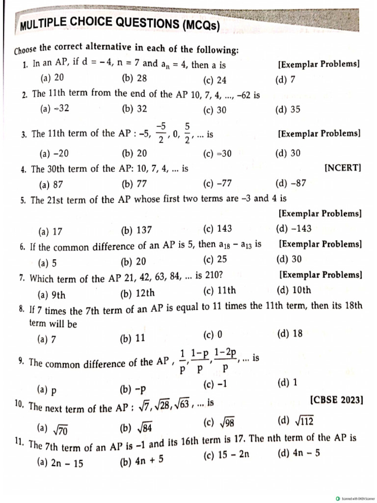 Arithmetic Progression MCQ | PDF