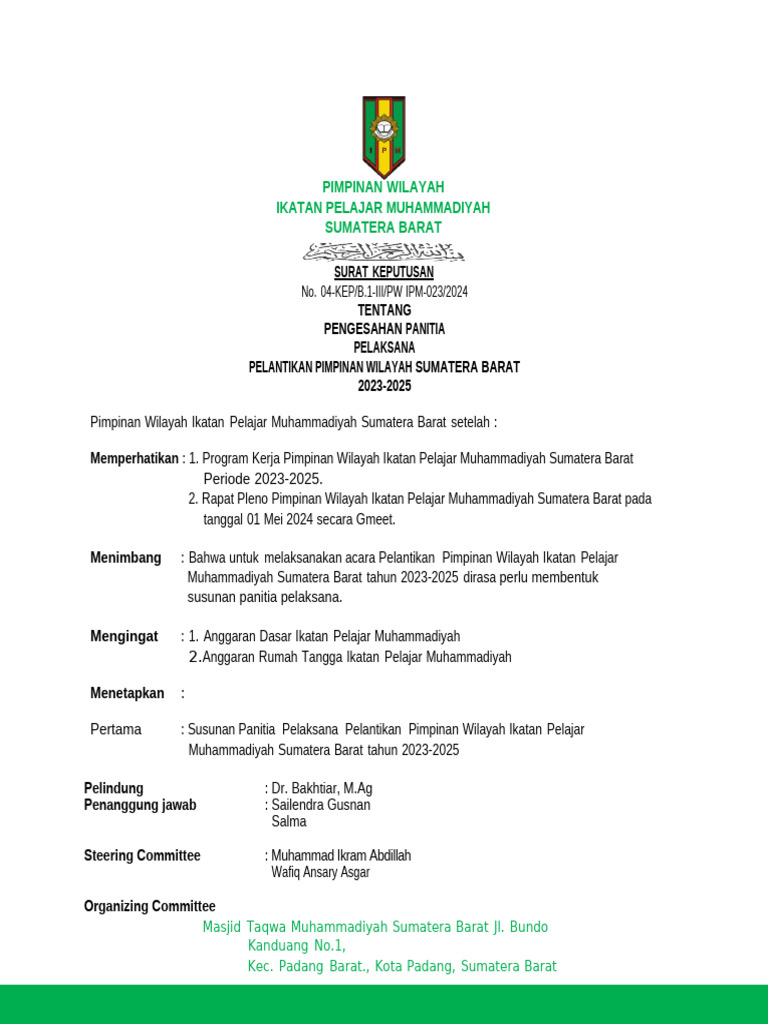 Pengesahan Panitia Pelantikan IPM Sumbar | PDF