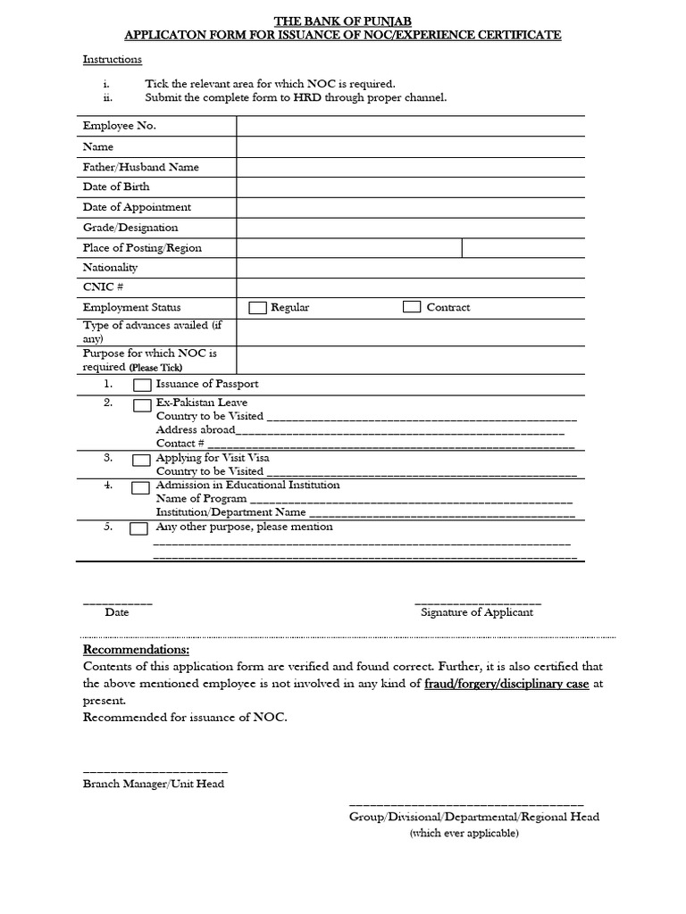 NOC/Experience Certificate Application Form | PDF