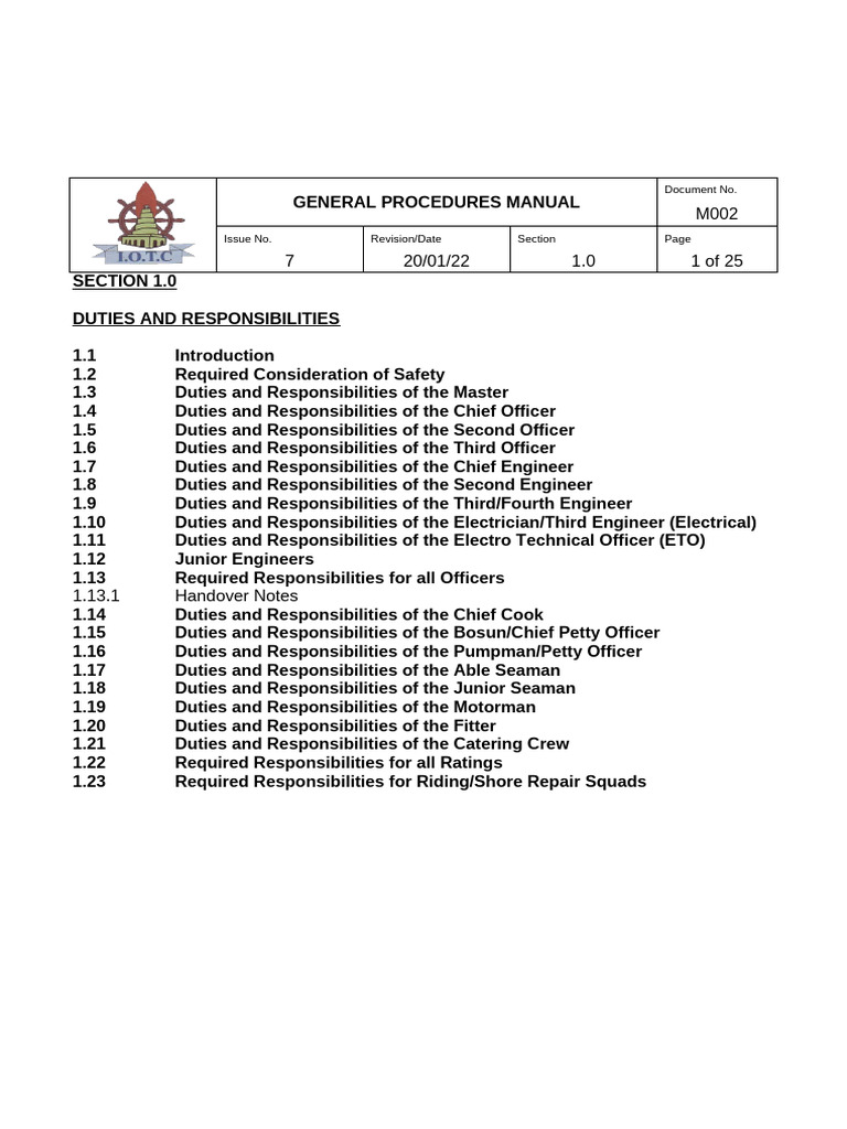 IOTC M002 Section 1 - Duties & Responsibilities | PDF | Shipping