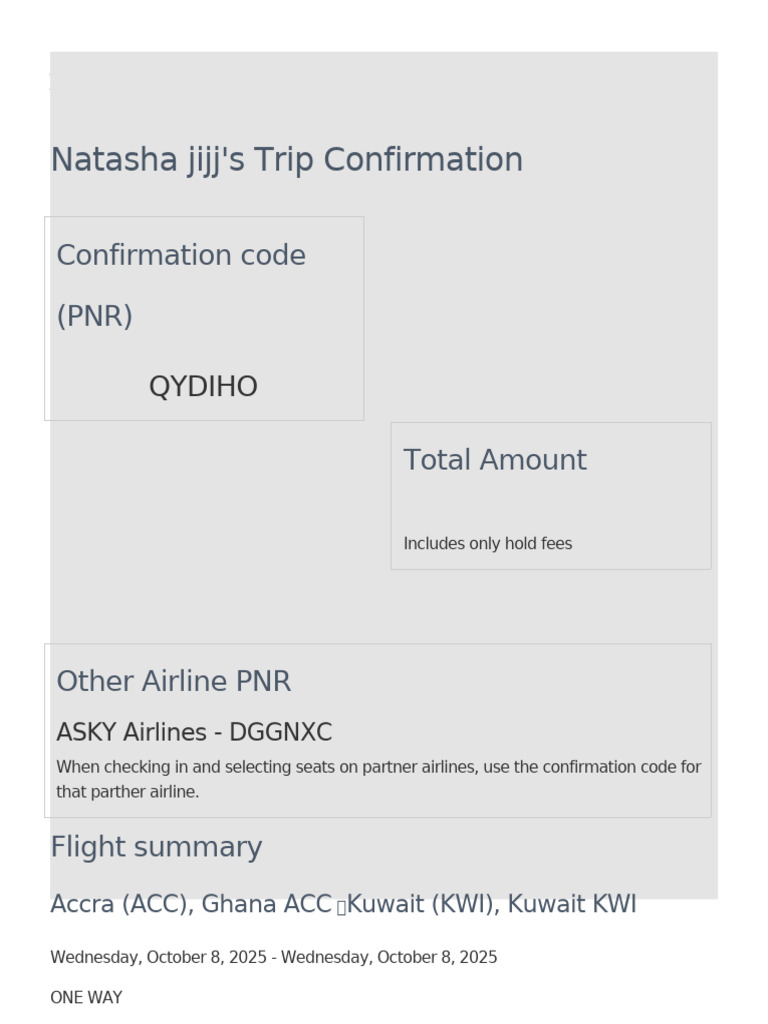Natasha's One-Way Flight Confirmation | PDF | Airlines | Airliner
