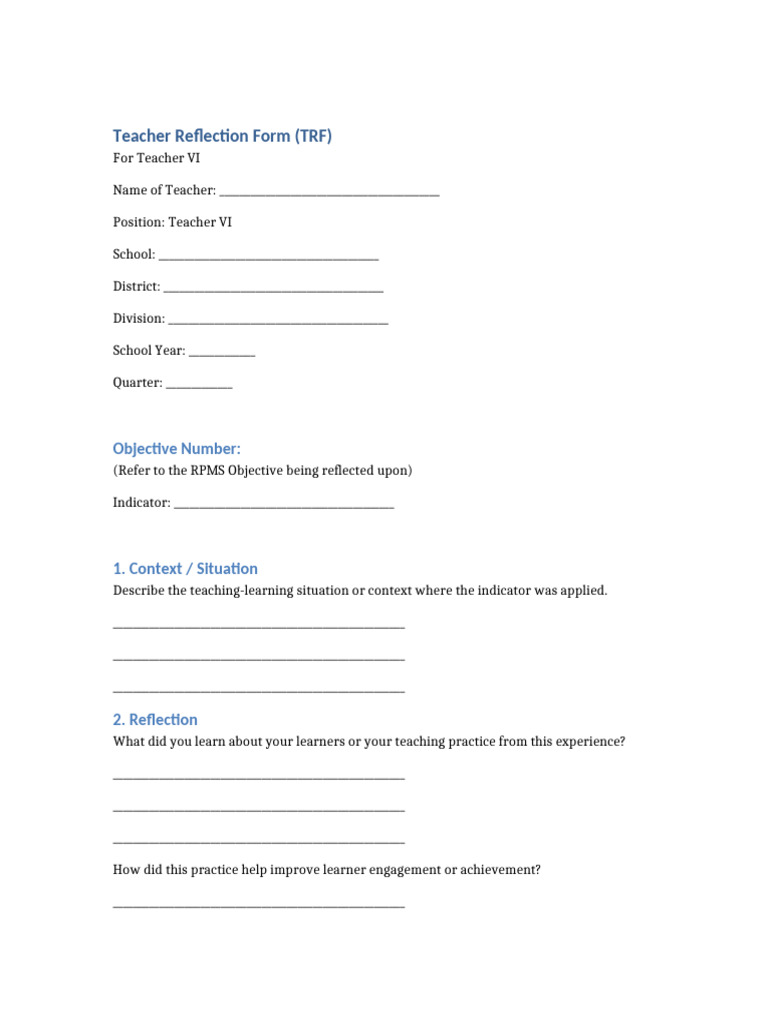 Teacher Reflection Form Teacher VI | PDF