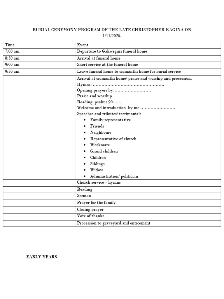 Burial Ceremony Program of The Late Christopher Kagina On 3 | PDF ...