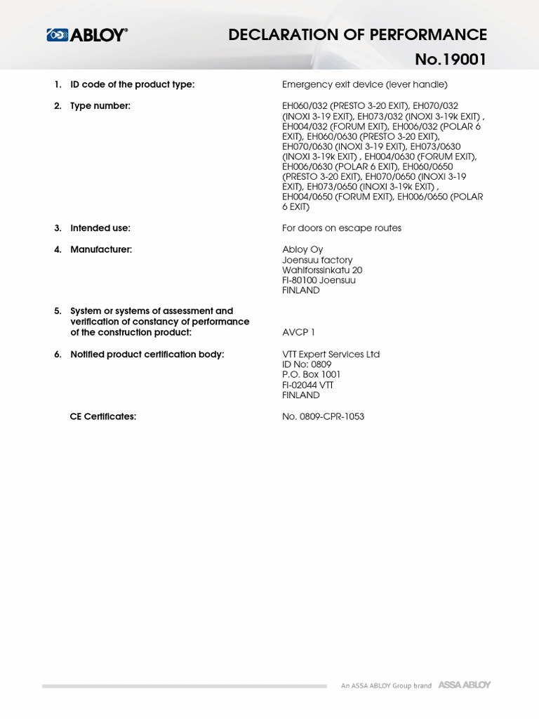 ABLOY EH070-032 Declaration of Performance 1 | PDF