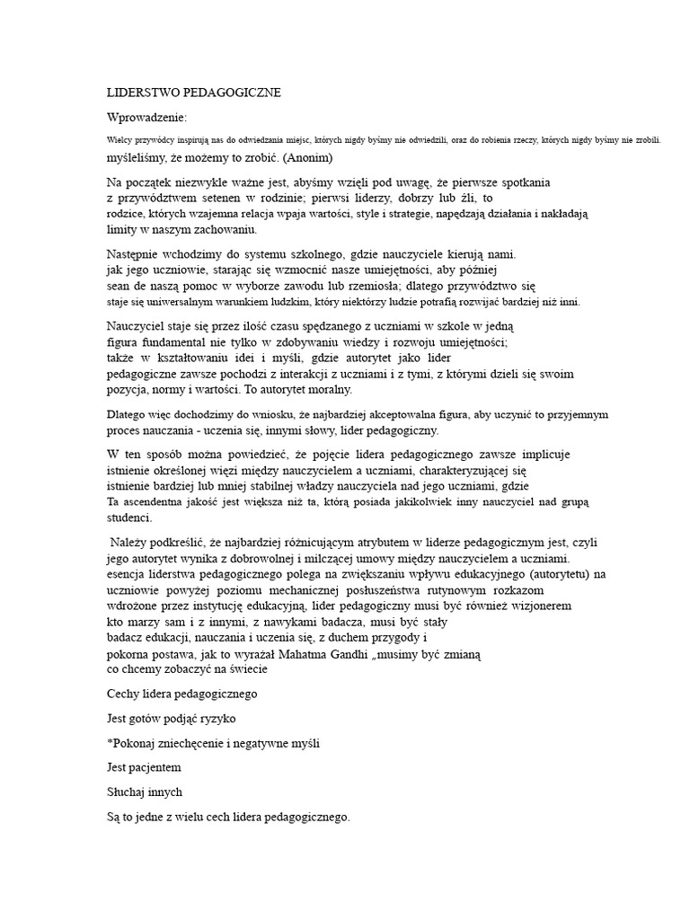 LEADERSHIP PEDAGOGICZNE Esej | PDF