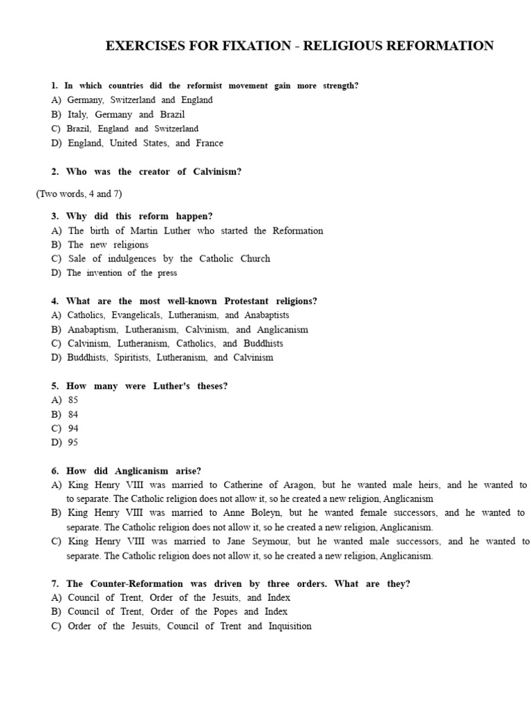Exercises For Fixation - Religious Reformation | PDF
