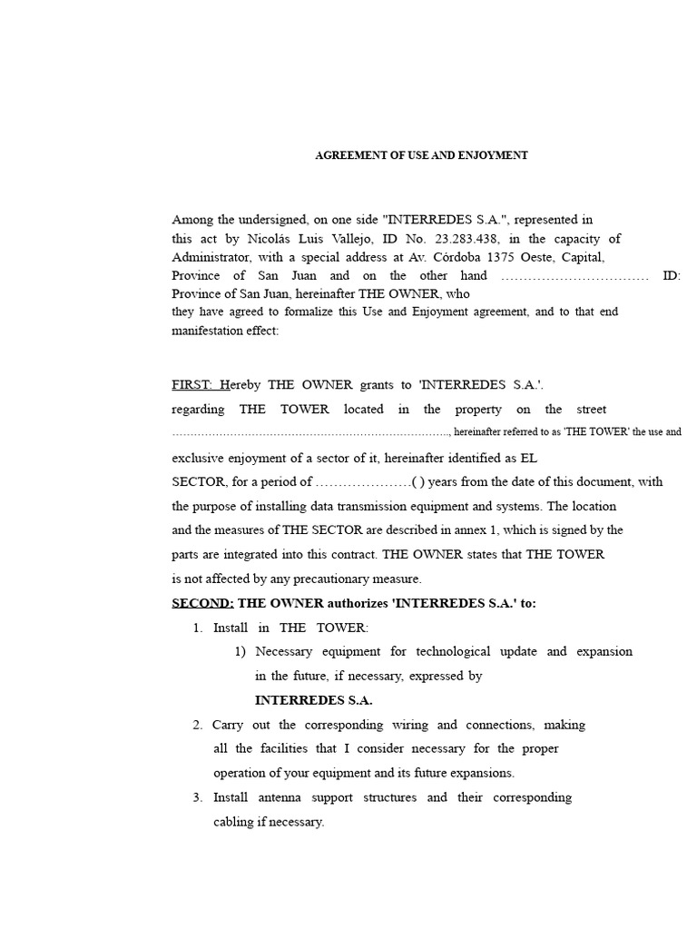 MODEL AGREEMENT FOR THE USE AND ENJOYMENT OF TOWER | PDF | Insurance ...