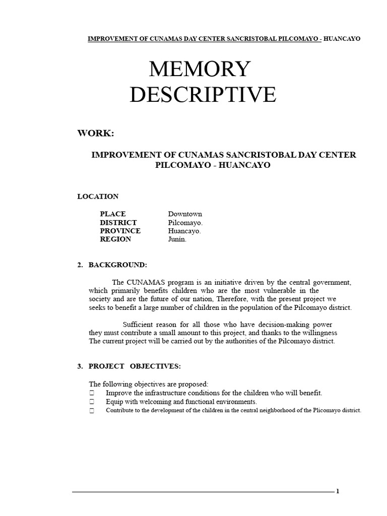 DESCRIPTIVE MEMO CUNA MAS PILCOMAYO | PDF | Specification (Technical ...