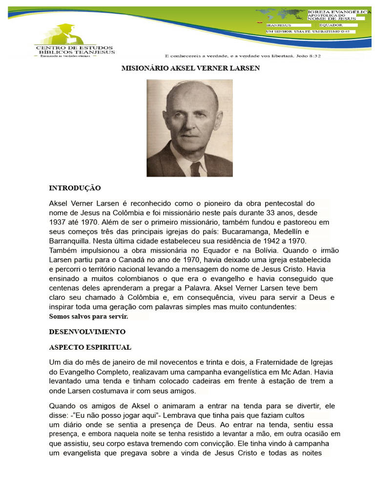 Aksel Verner Larsen: Pioneiro Pentecostal na Colômbia | PDF ...