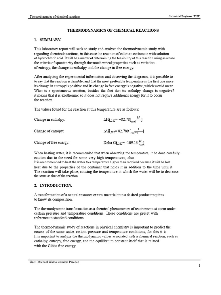 Thermodynamics of Chemical Reactions Physical Chemistry | PDF | Gibbs ...