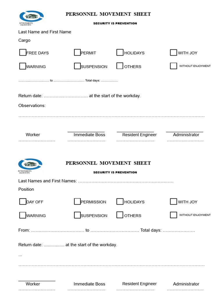 Personnel Movement Tracking Sheet | PDF