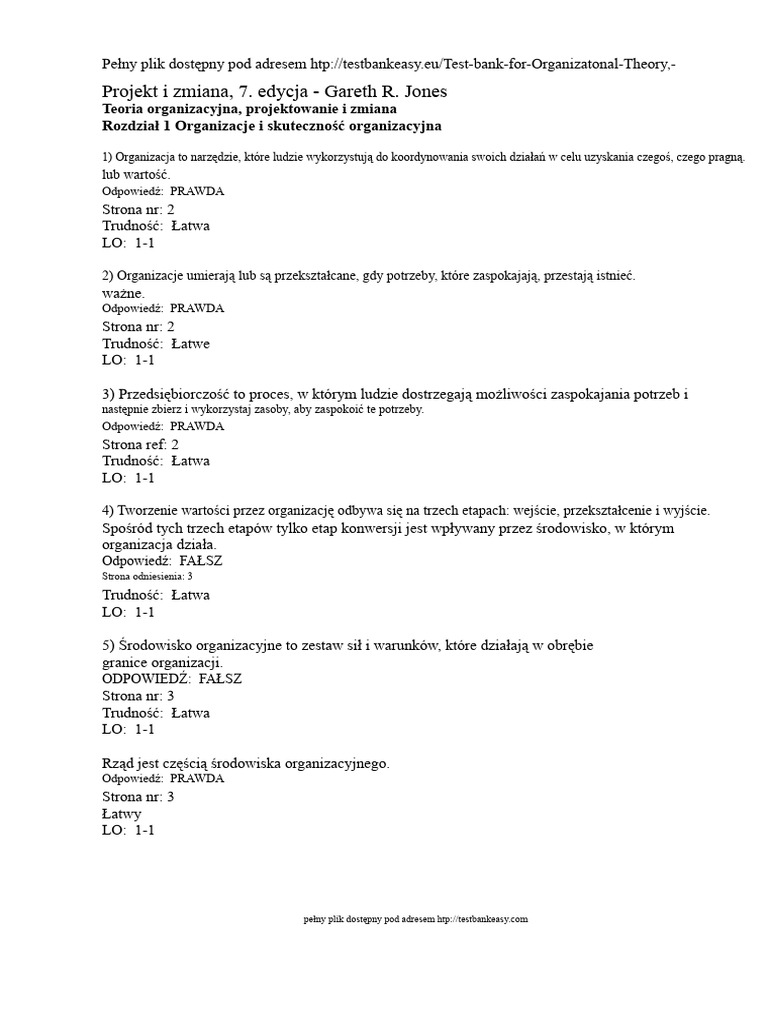 Zbiór Testów Do Teorii Organizacyjnej, Projektowania I Zmiany, 7 ...