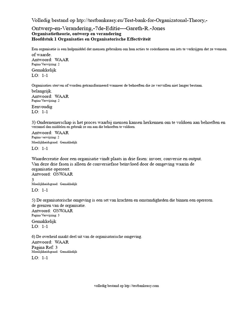 Testbank Voor Organisatie Theorie, Ontwerp en Verandering, 7e Editie ...
