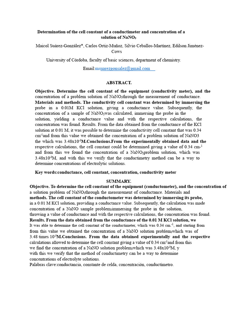 Cell Constant & NaNO3 Concentration Analysis | PDF | Chemistry ...