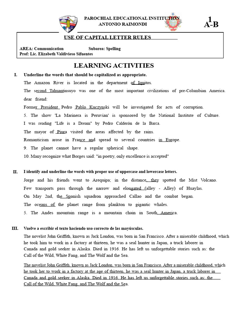 Capitalization Rules in Writing Activities | PDF