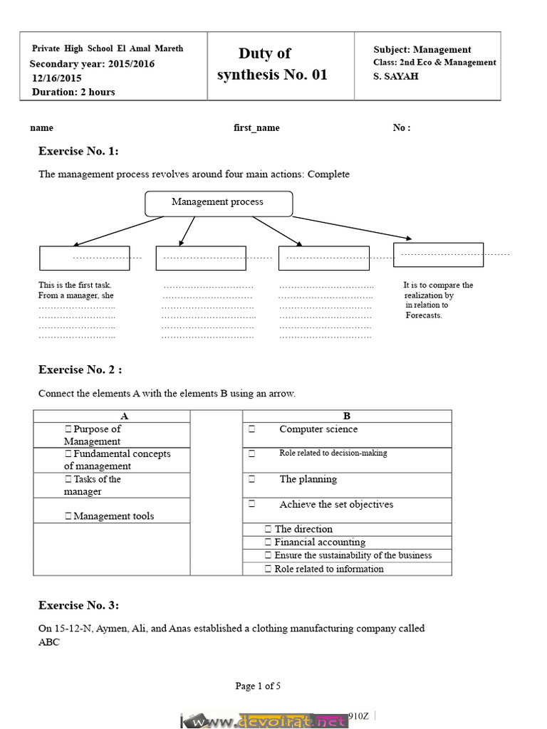 Synthesis Assignment No. 1 - Management - 2nd Year Economy & Services ...