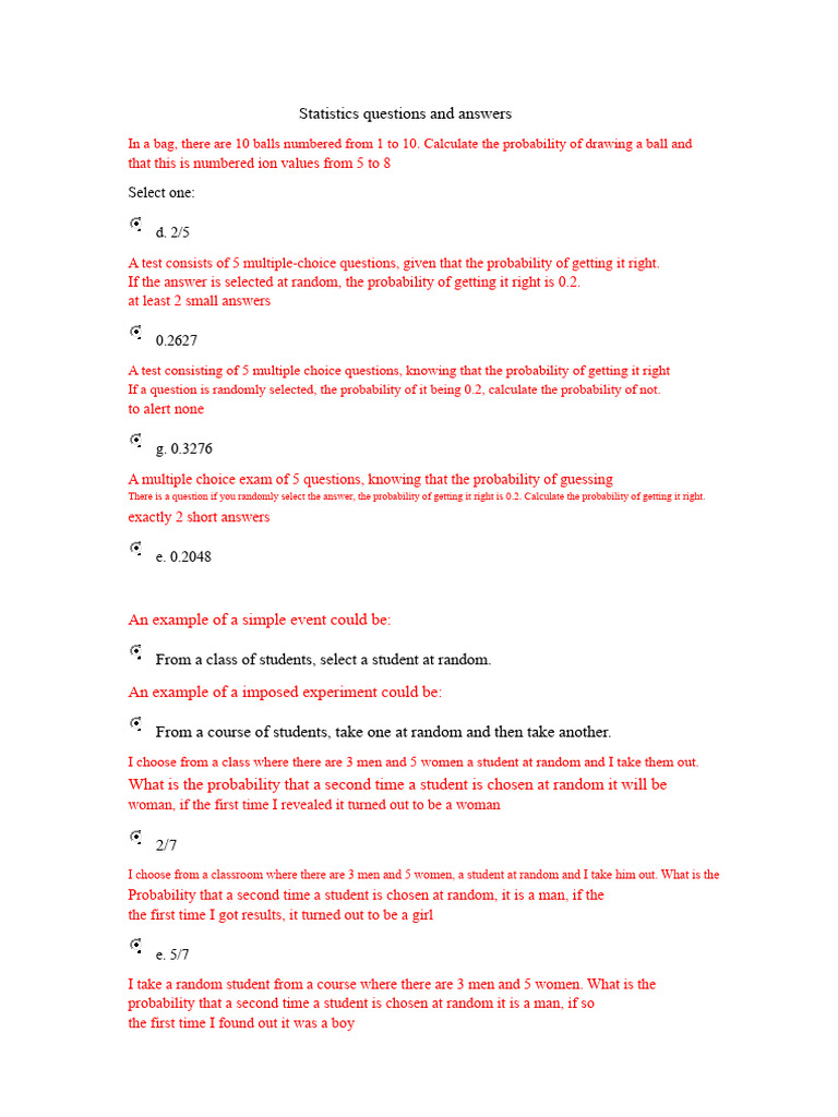 Statistics Questions With Answers | PDF | Multiple Choice | Probability