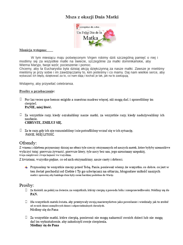 Celebracja - Msza Z Okazji Dnia Matki | PDF