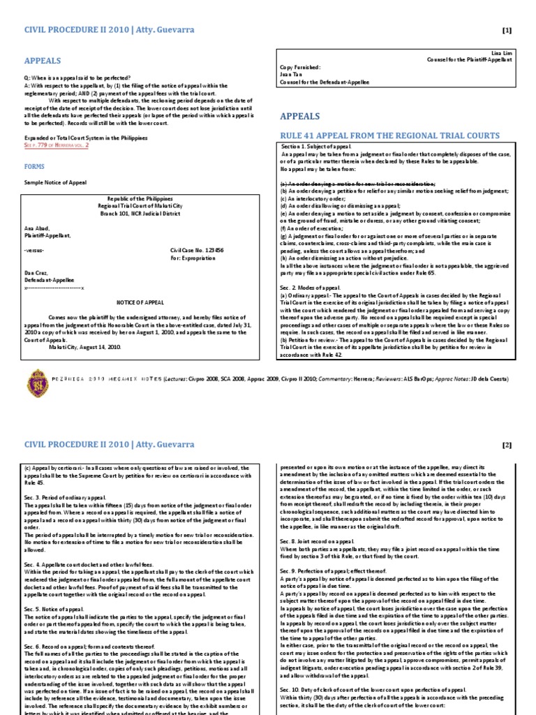 Civil Procedure II Apprac Reviewer As of Mar2010 - For Printing | PDF | Appeal | Certiorari