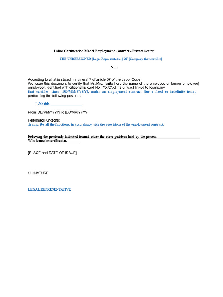 Labor Certification Employment Contract Template | PDF