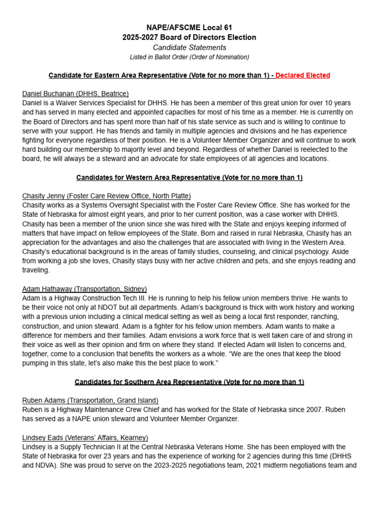 NAPE Local 61 2025-2027 Election Candidates | PDF | Trade Union ...