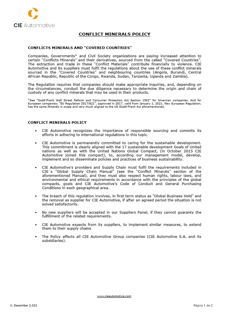 Conflict Minerals Policy | PDF | Supply Chain | Business
