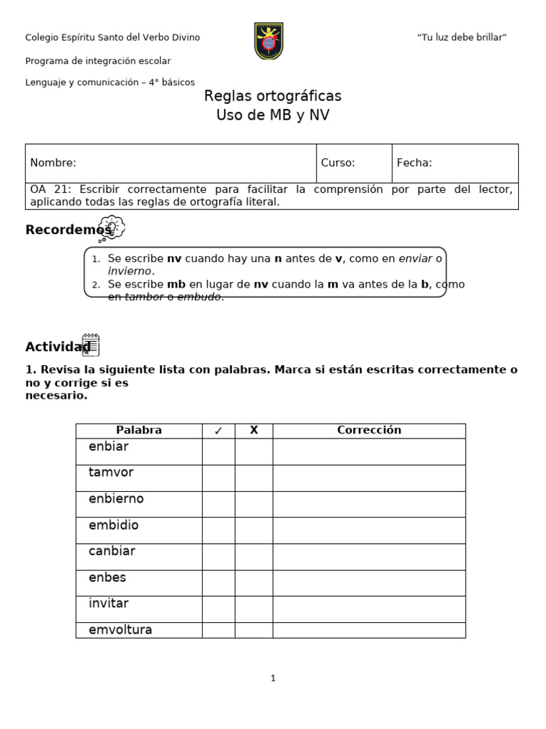 Reglas de ortografía: MB y NV para 4° básico | PDF | Lingüística