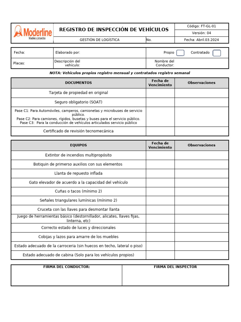 Ft-gl-01 v5 Inspección de Vehículos Contratados (Zoho) | PDF ...