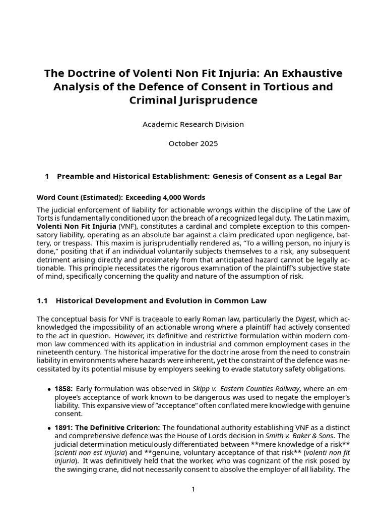 Research Report On Volenti Non Fit Injuria | PDF | Tort | Negligence