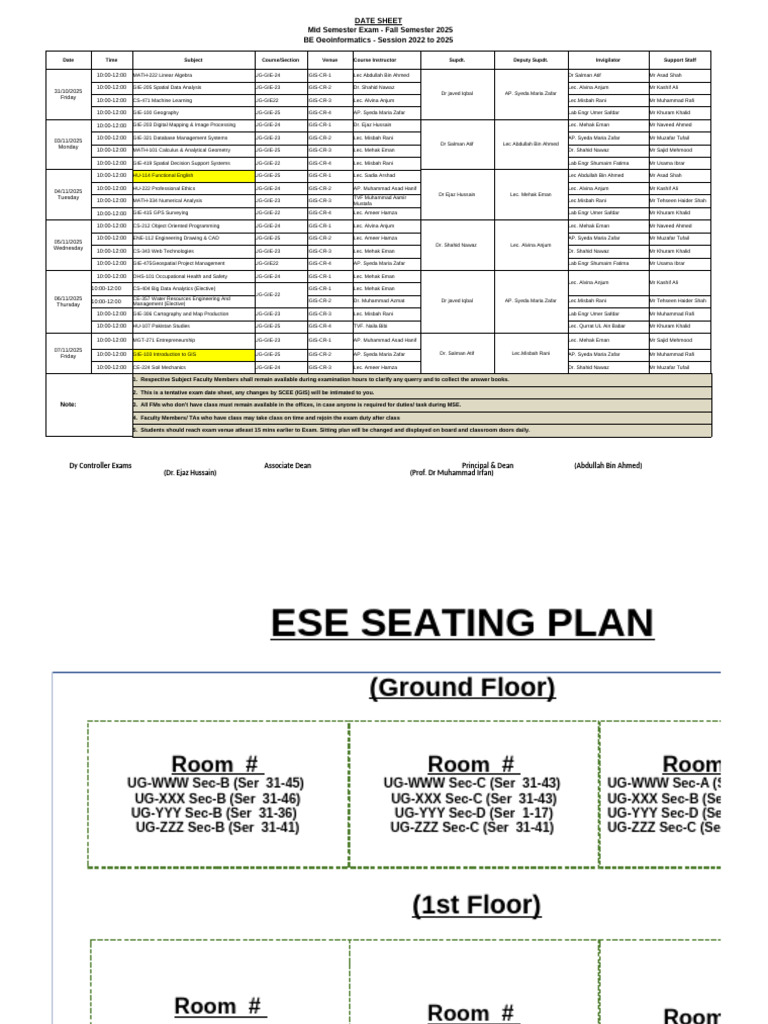 Mid Semester Exam Schedule and Duties - Fall 2025 | PDF