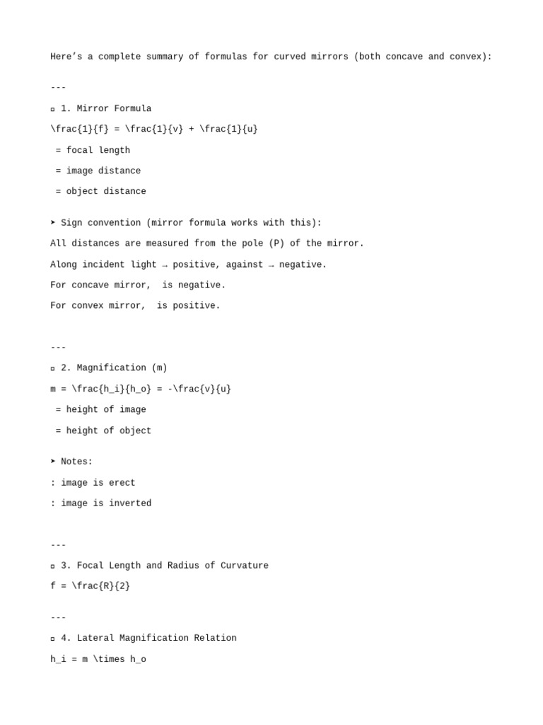 Curved Mirror Formula Overview | PDF