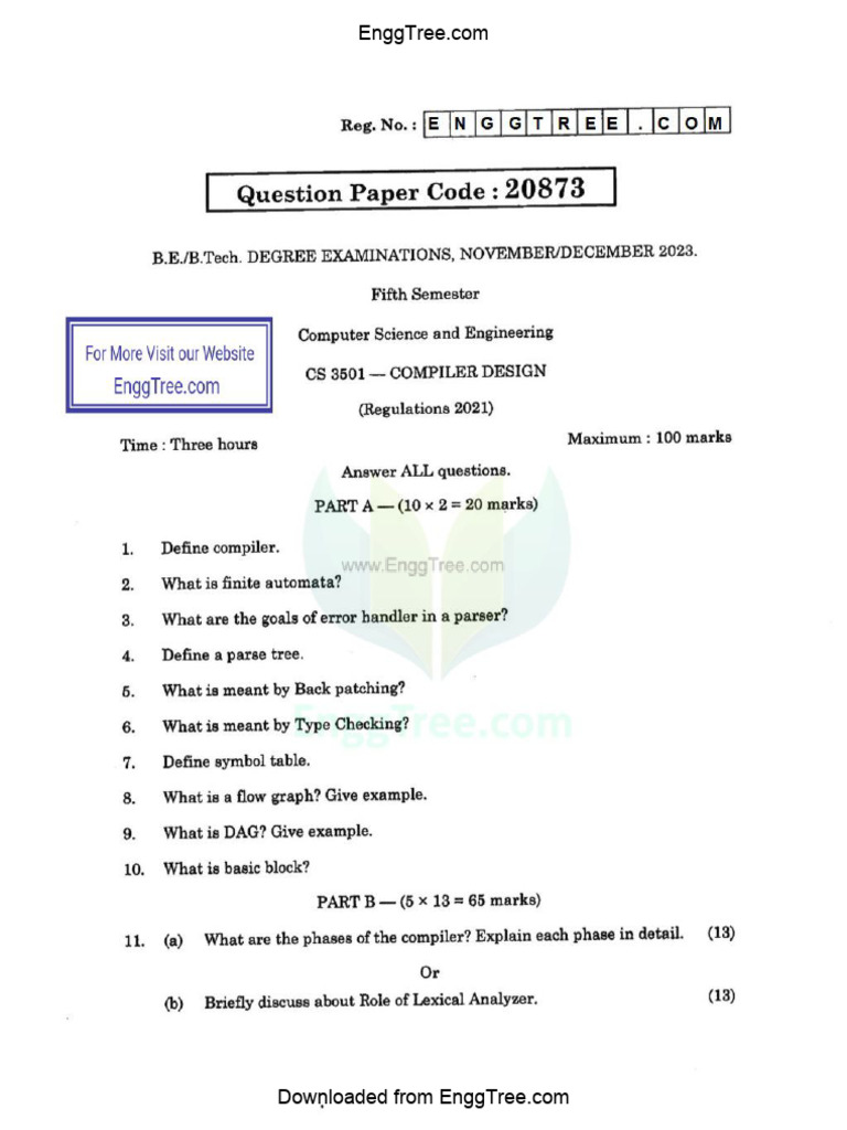 CS3501 Compiler Design Nov Dec 2023 Question Paper Download | PDF