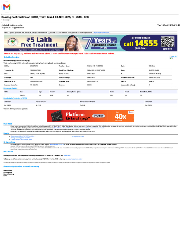 Gmail - Booking Confirmation On IRCTC, Train - 14524, 04-Nov-2025, SL ...