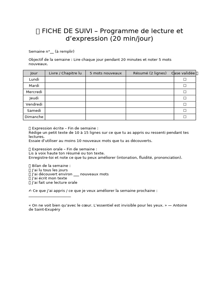 Suivi de Lecture Quotidienne 20 min | PDF