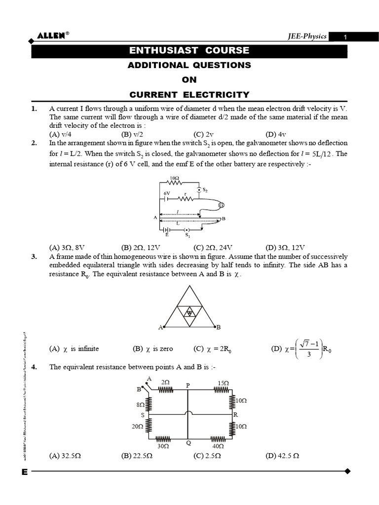 Additional Questions on Current Electricity | PDF | Electric Current ...