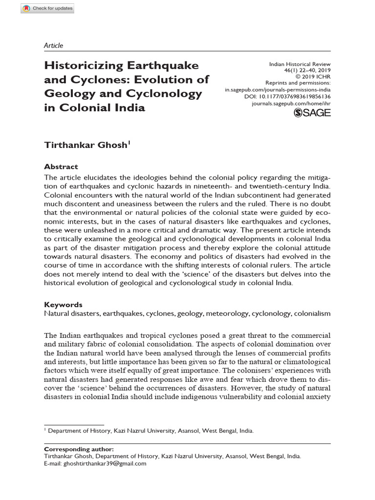 Ghosh 2019 Historicizing Earthquake and Cyclones Evolution of Geology ...