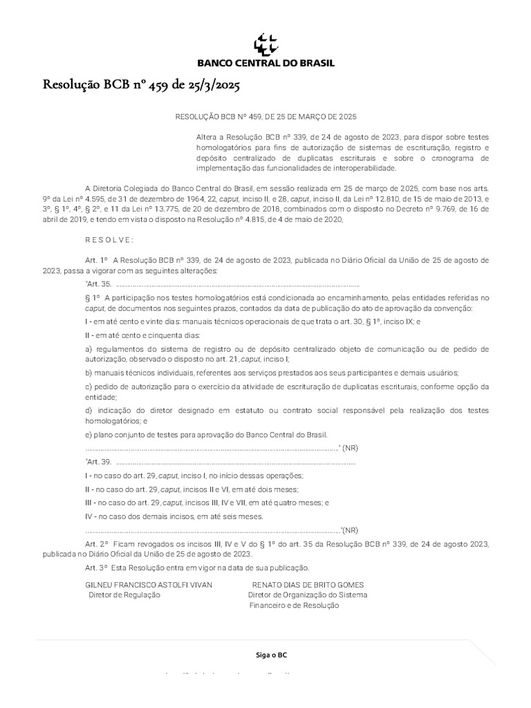 Alterações na Resolução BCB 459/2025 | PDF