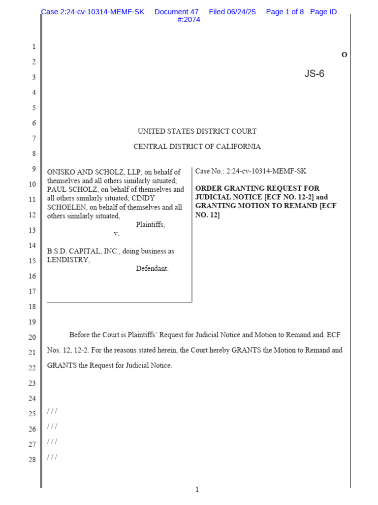 Order Granting Motion To Remand | PDF | Complaint | Amount In Controversy