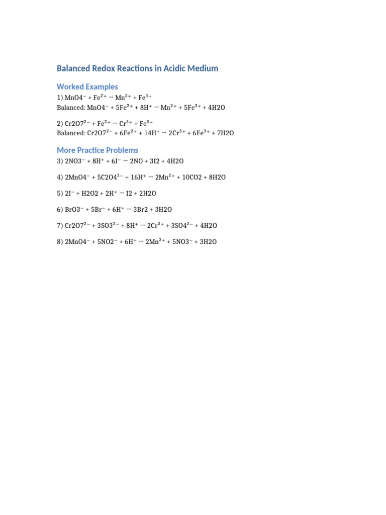 Balancing Redox Reactions in Acidic Medium | PDF