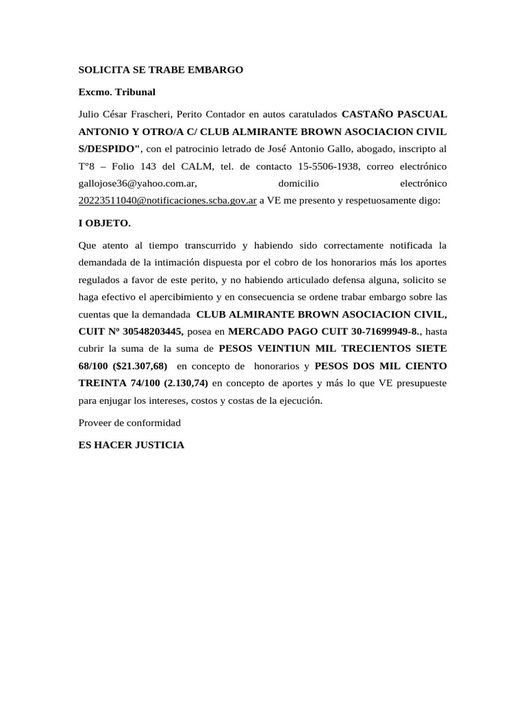 Solicitud de Embargo a Club Almirante Brown | PDF