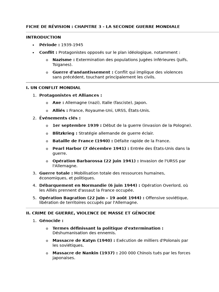 Chap 3 La Seconde Guerre Mondiale Fiche de Révisions | PDF | Crime de ...