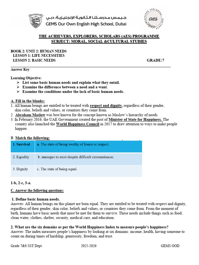 BOOK 2 UNIT 2 Human Needs Lesson 1 and 2 Answerke | PDF | Happiness ...