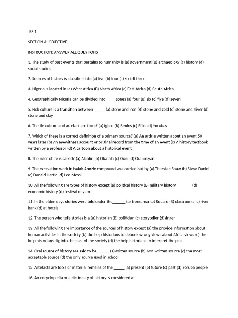 JSS 1 History Exam Questions and Answers | PDF | Nigeria