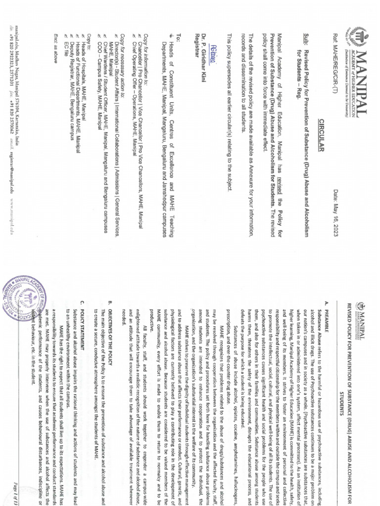 Revised Policy For Prevention of Substance Drug Abuse and Alcoholism ...