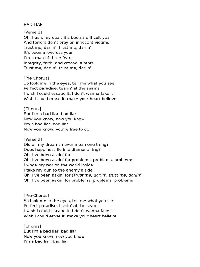 Bad Liar Lyrics by Imagine Dragons | PDF